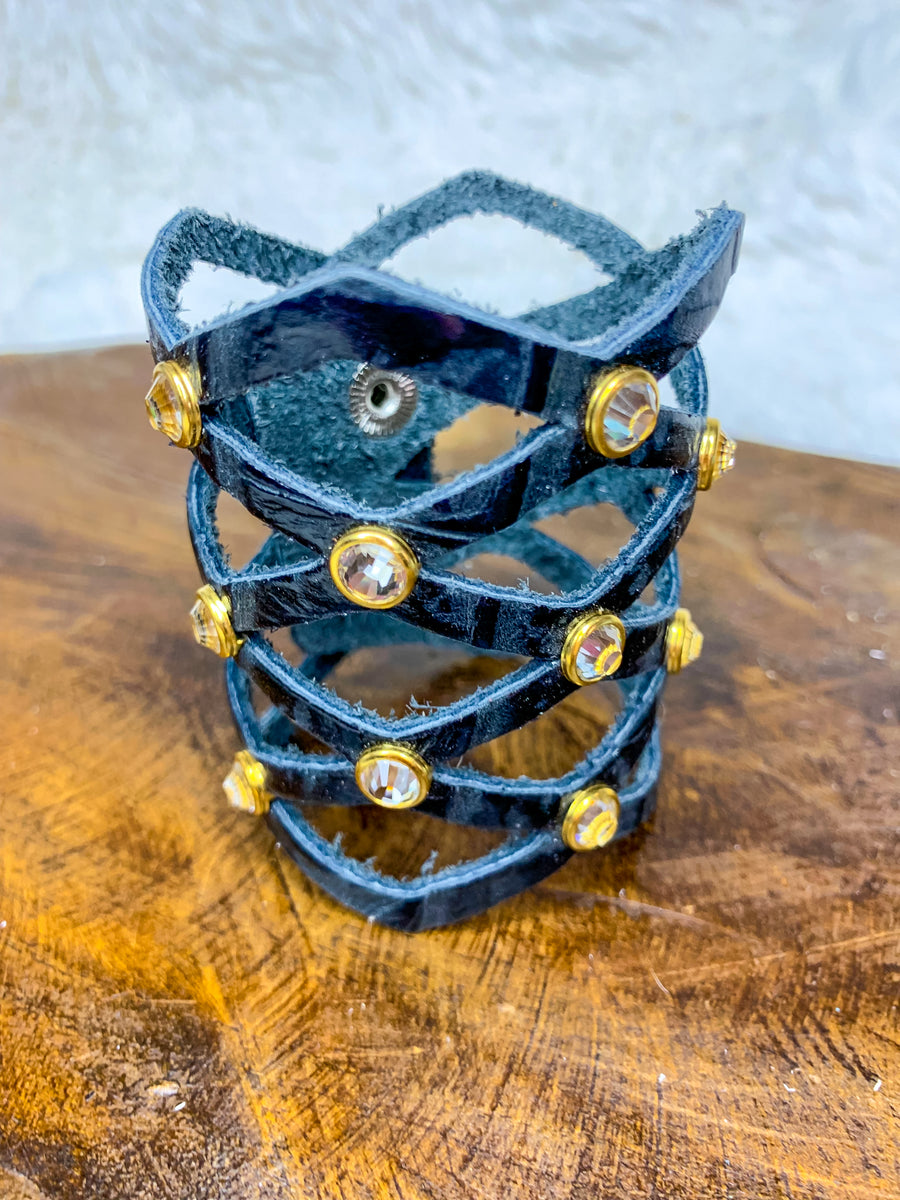Saylor Crystal Studded Tooled Leather Cuff - Black – Style Babes