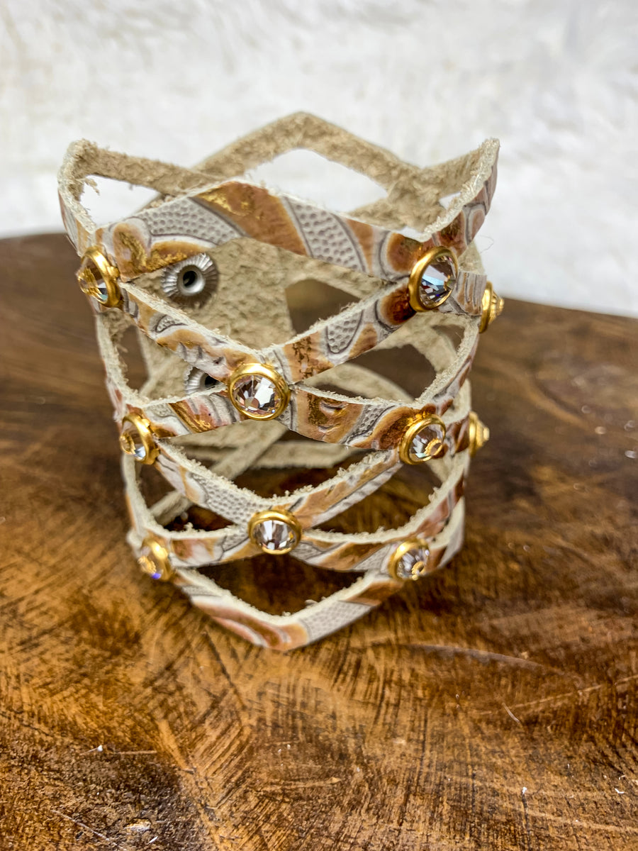 Saylor Crystal Studded Tooled Leather Cuff - Ivory/Tan – Style Babes