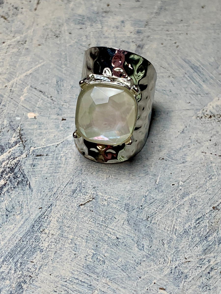 Shiloh Hammered Metal Opal Adjustable Size Ring - Silver – Style Babes