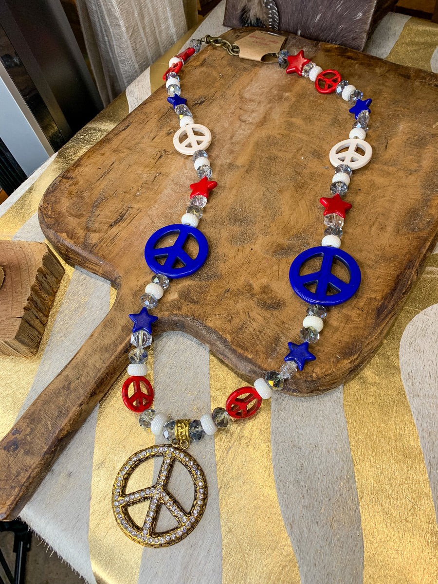 Peace and Love Bling Peace Sign Statement Necklace - Red White Blue ...